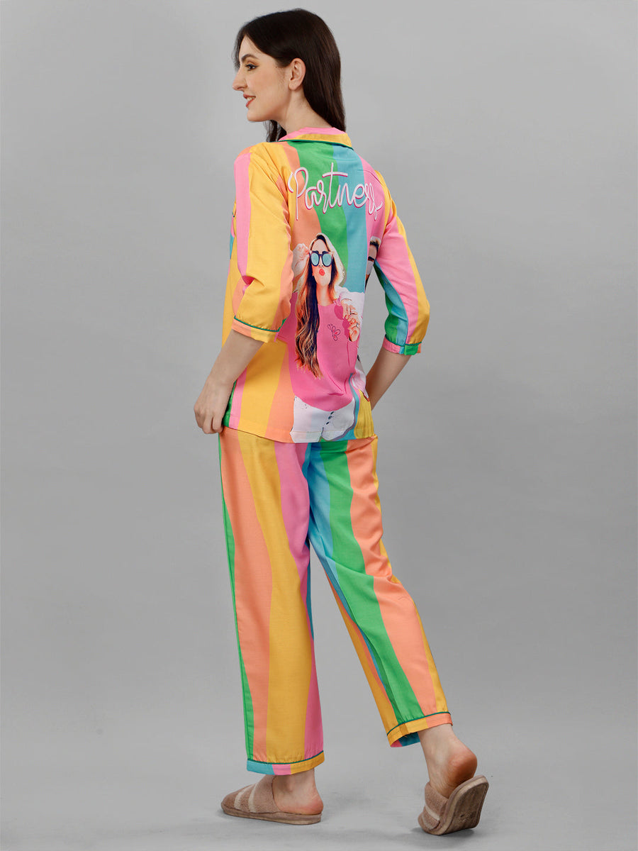 (BOGO) Partners Stripes Printed Green Pyjama Set With Free Scrunchies – clozena