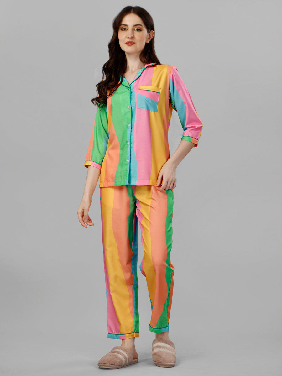 (BOGO) Partners Stripes Printed Green Pyjama Set With Free Scrunchies – clozena